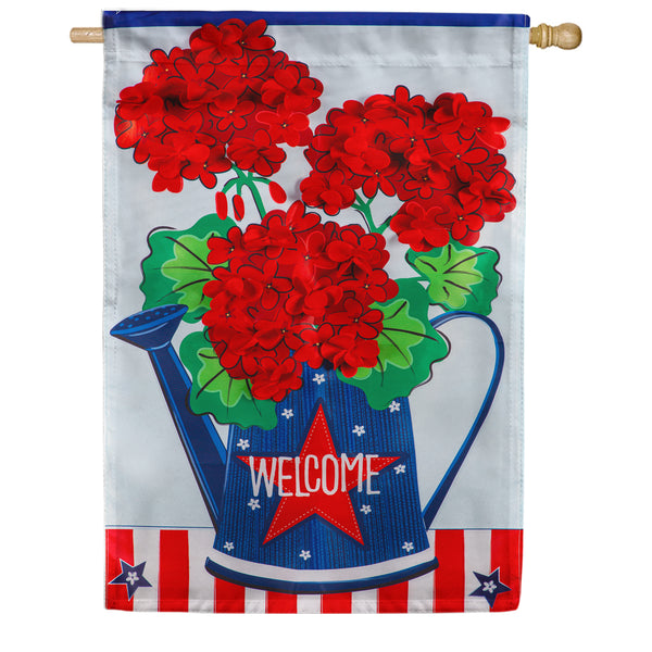 Evergreen Patriotic Geraniums Appliqued House Flag: Flagsrus.org